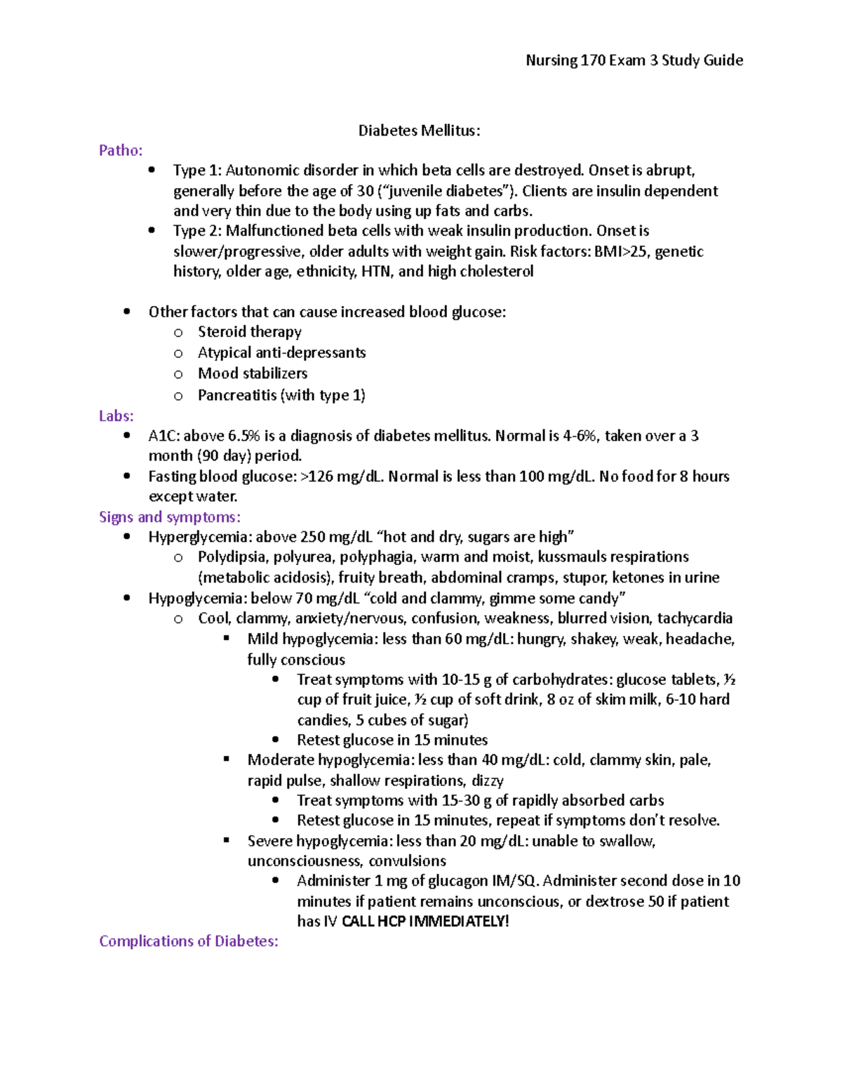 Nursing 170 Exam 3 Study Guide: Diabetes Mellitus - Studocu