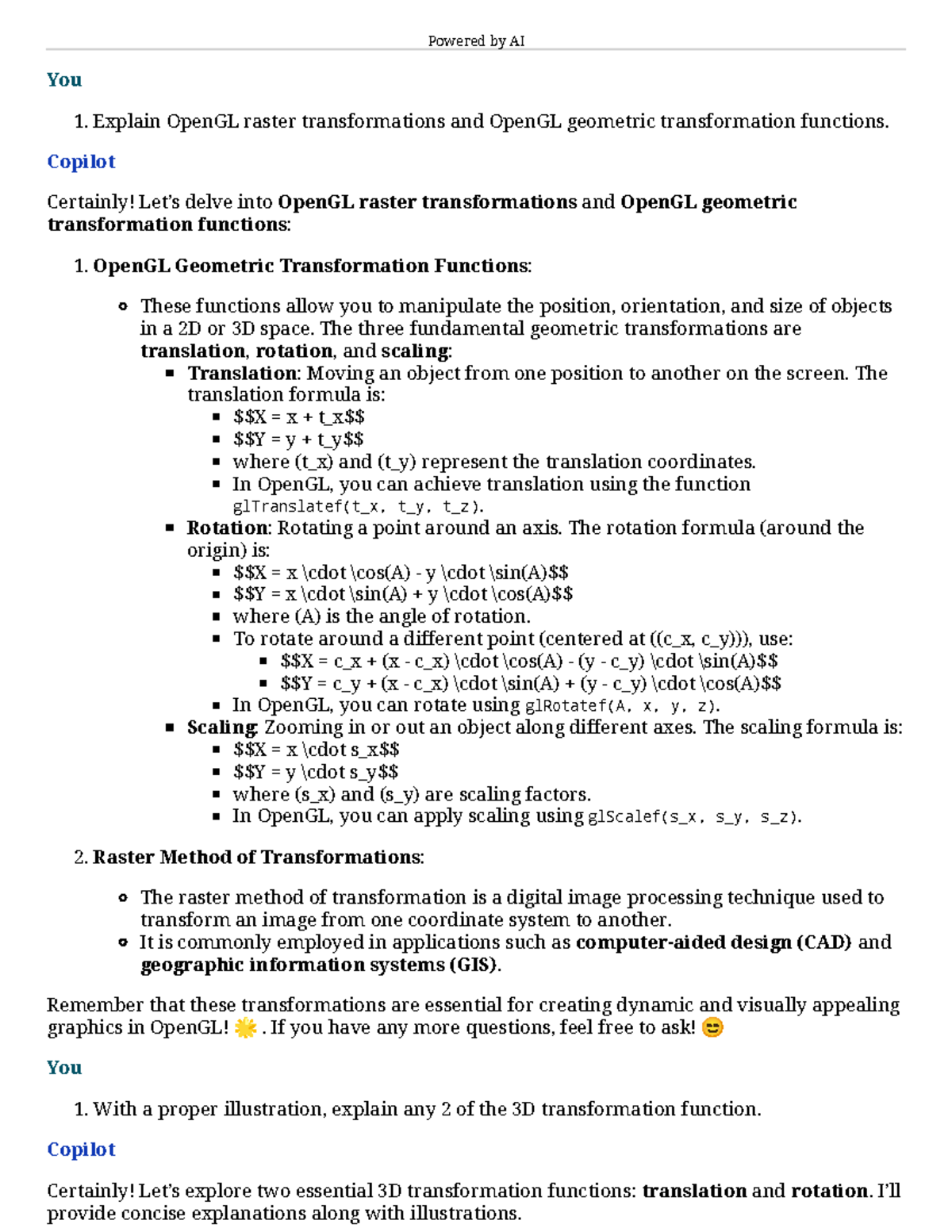 Last - Abhi - Powered by AI You Explain OpenGL raster transformations and OpenGL geometric - Studocu