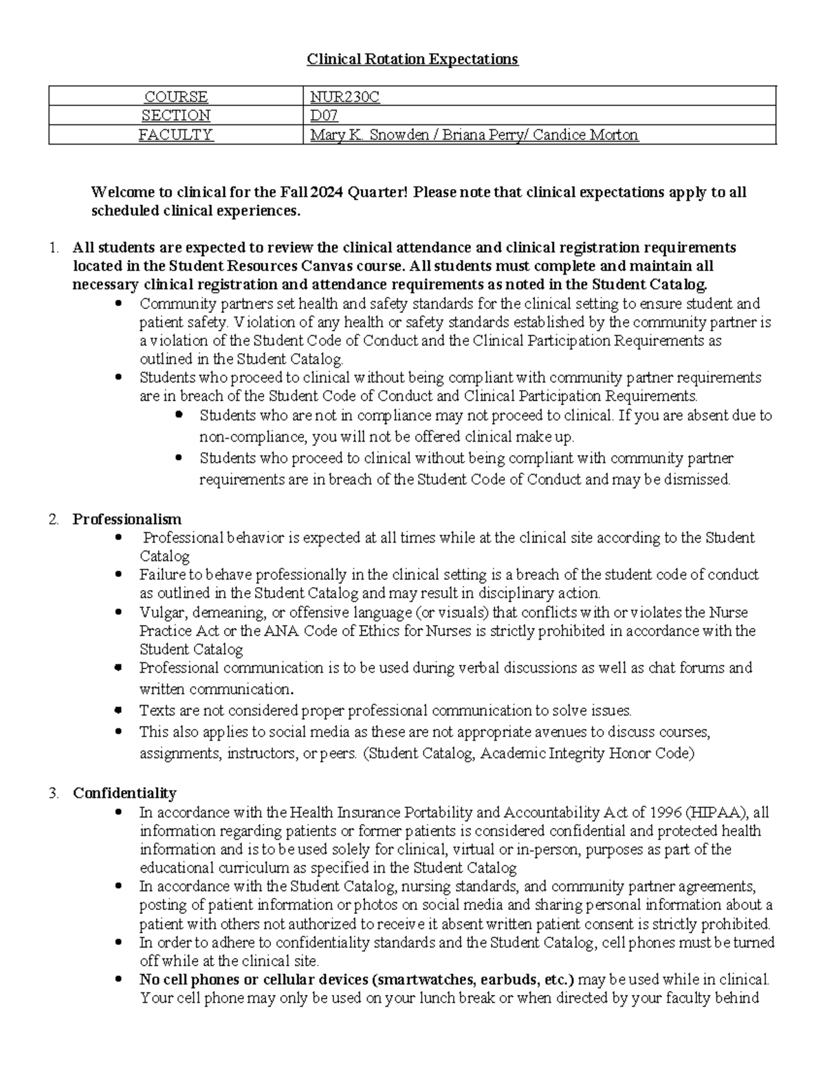 Clinical Expectations Fall 2024- NUR230C- D07 - Clinical Rotation ...