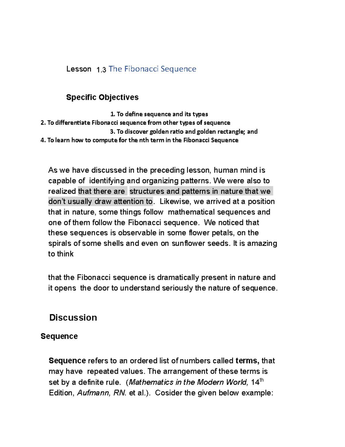 Lesson 1 - Lesson 1 The Fibonacci Sequence Specific Objectives To ...