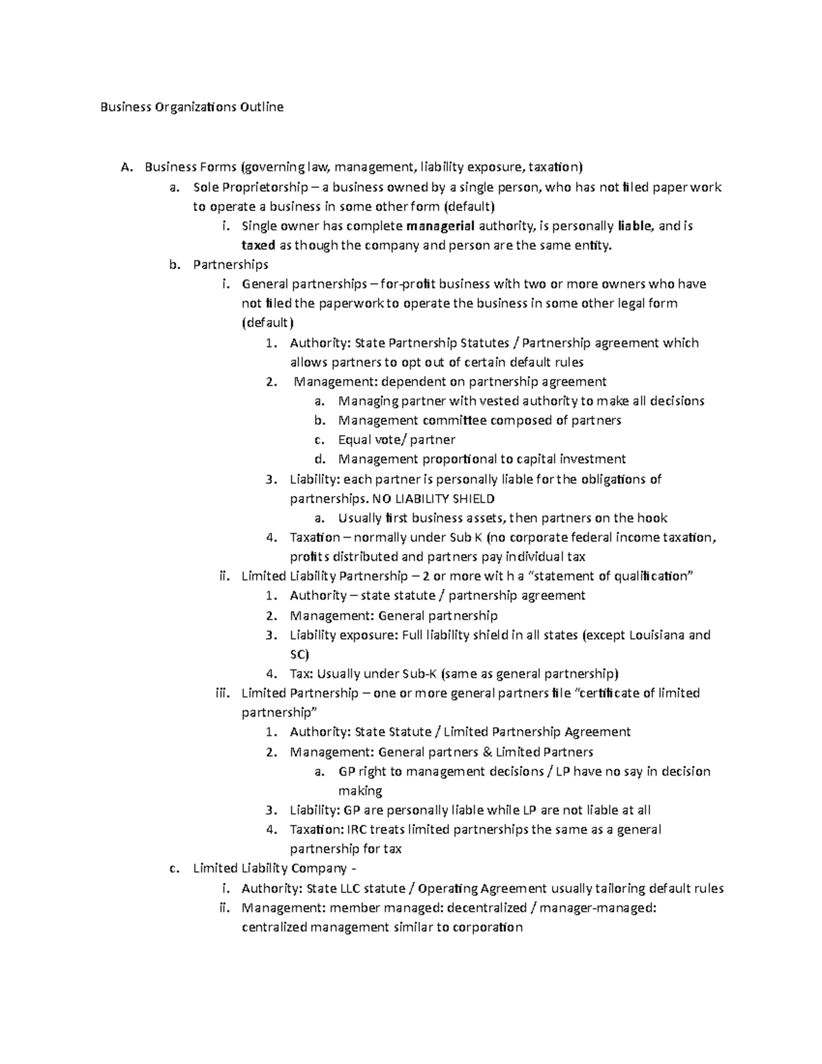 Business Organizations Outline 1 - Business Forms (governing law ...