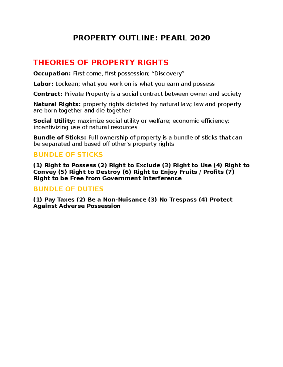 Property Outline Final - PROPERTY OUTLINE: PEARL 2020 THEORIES OF ...