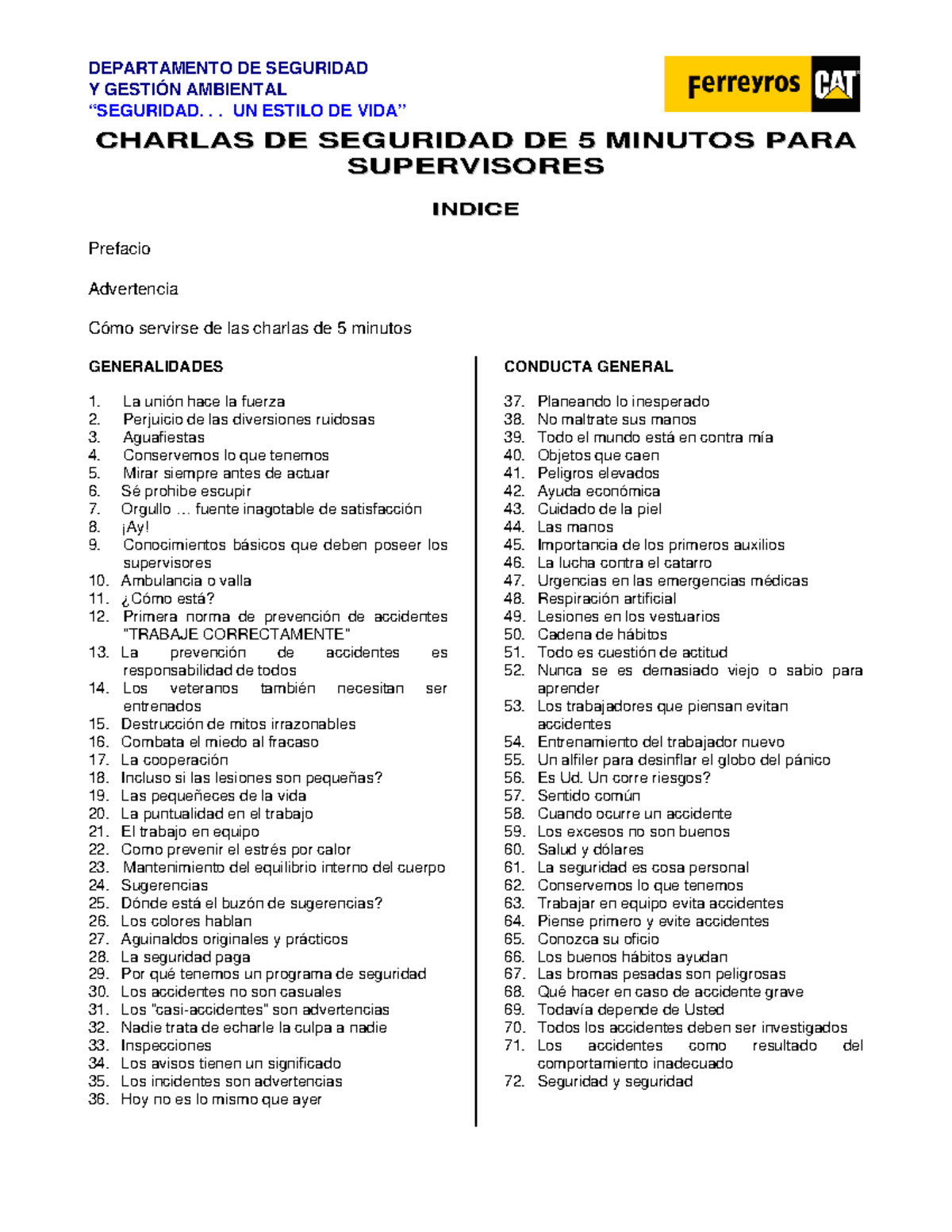 Charlas de seguridad 5 minutos - Y GESTIÓN AMBIENTAL “SEGURIDAD... UN ...
