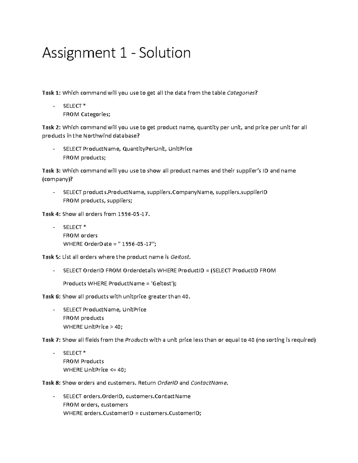 INF230 Assignment 1 solution - Assignment 1 - Solution Task 1: Which command will you use to get ...