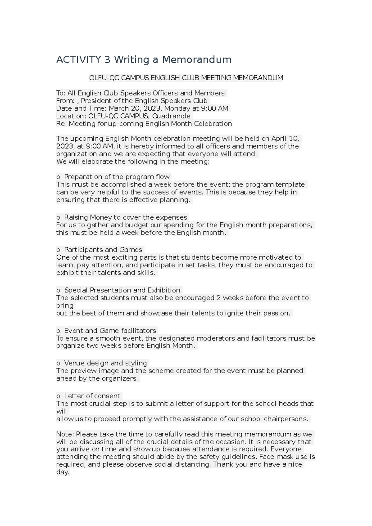 Activity 3 Writing a Memorandum - ACTIVITY 3 Writing a Memorandum OLFU-QC CAMPUS ENGLISH CLUB ...
