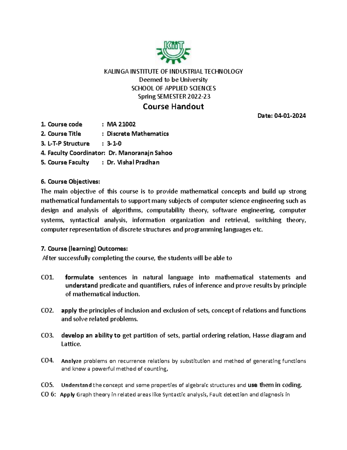 Course Handout MA 21002 - KALINGA INSTITUTE OF INDUSTRIAL TECHNOLOGY ...