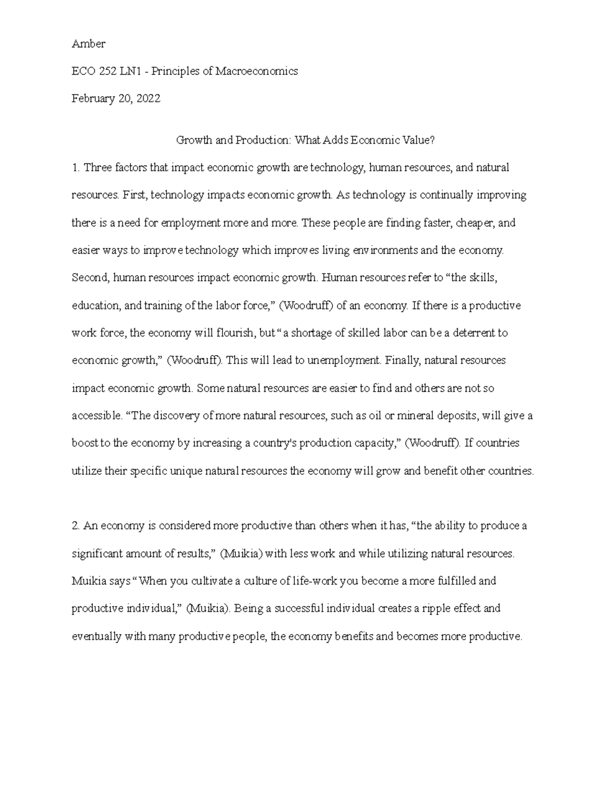 ECO 252 Growth and Production Assignment - Amber ECO 252 LN1 ...