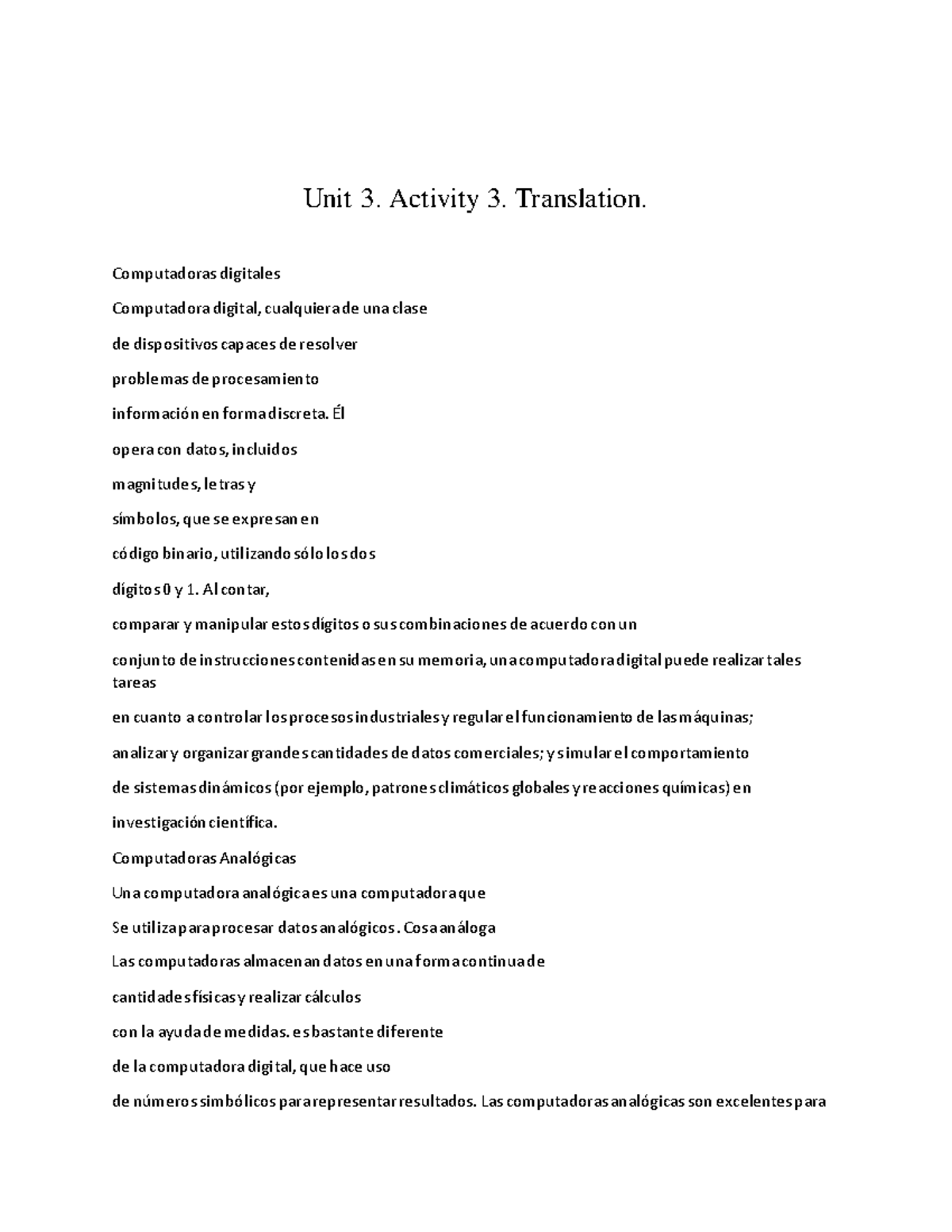Unit 3. Activity 3. Translation. 2 - Unit 3. Activity 3. Translation. Computadoras digitales ...