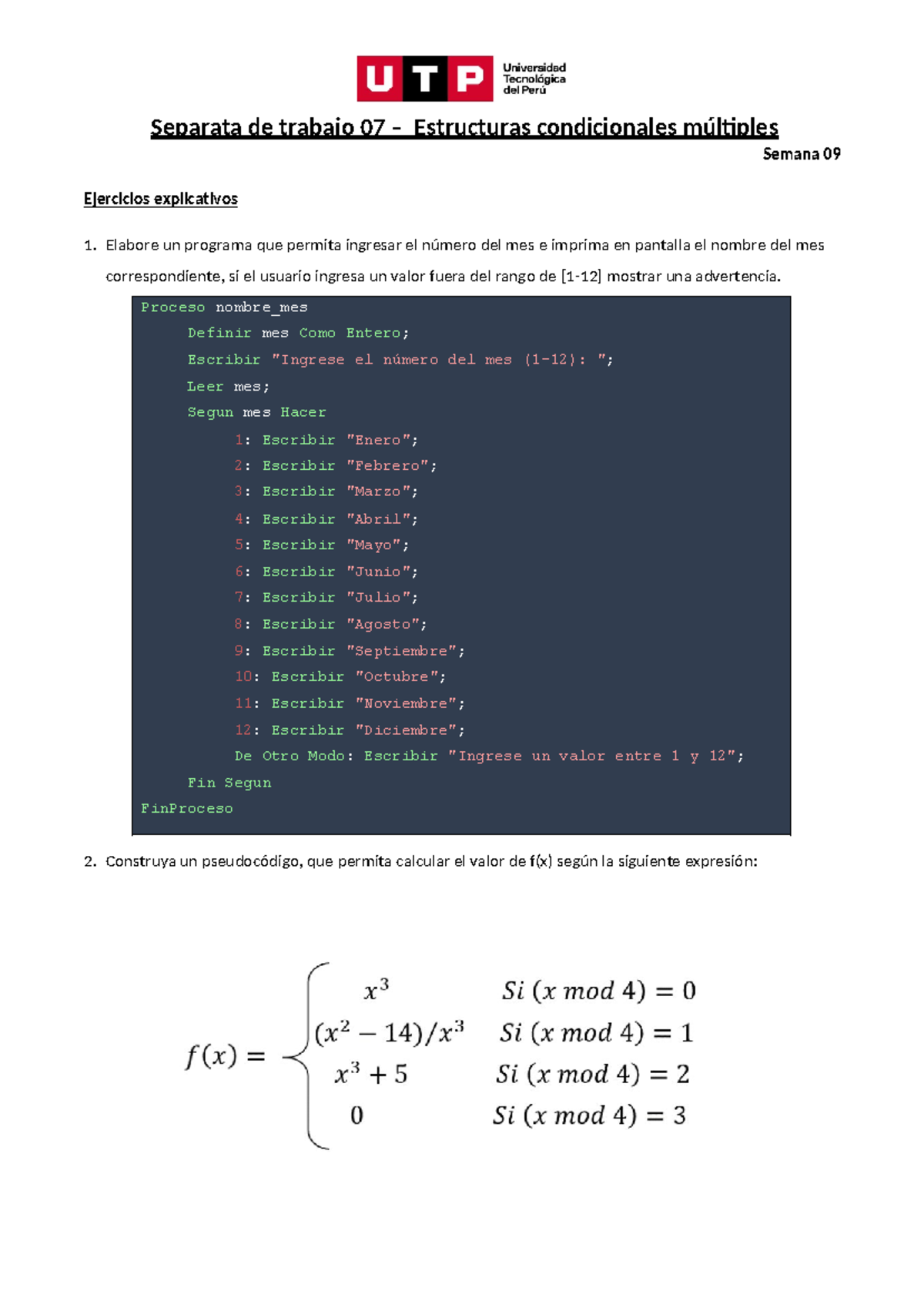 S09.s1 - Resolver ejercicios - Separata de trabajo 07 – Estructuras condicionales múltiples ...