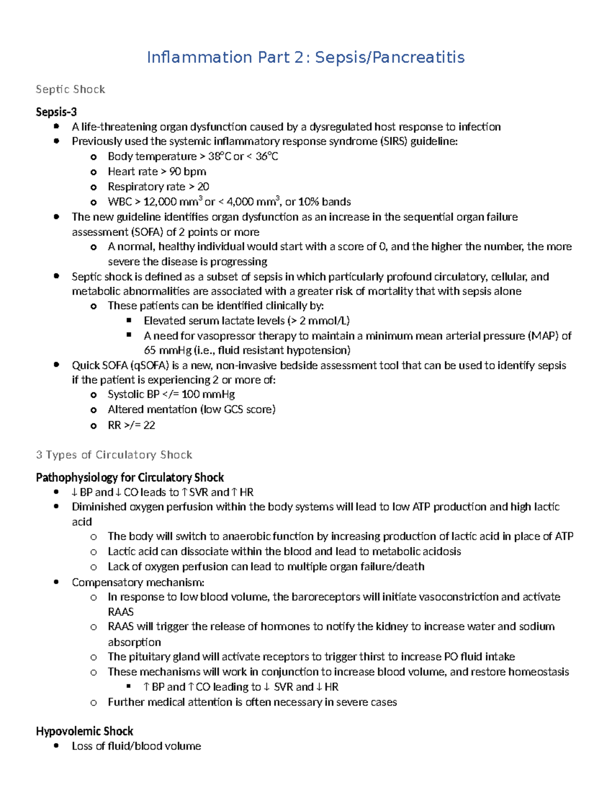 Sepsis Module - Inflammation Part 2: Sepsis/Pancreatitis Septi c Shock ...