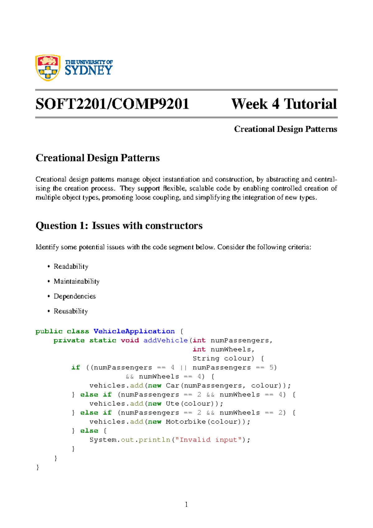 Tutorial Week 4 - Creational Design Patterns - SOFT2201/COMP9201 Week 4 ...