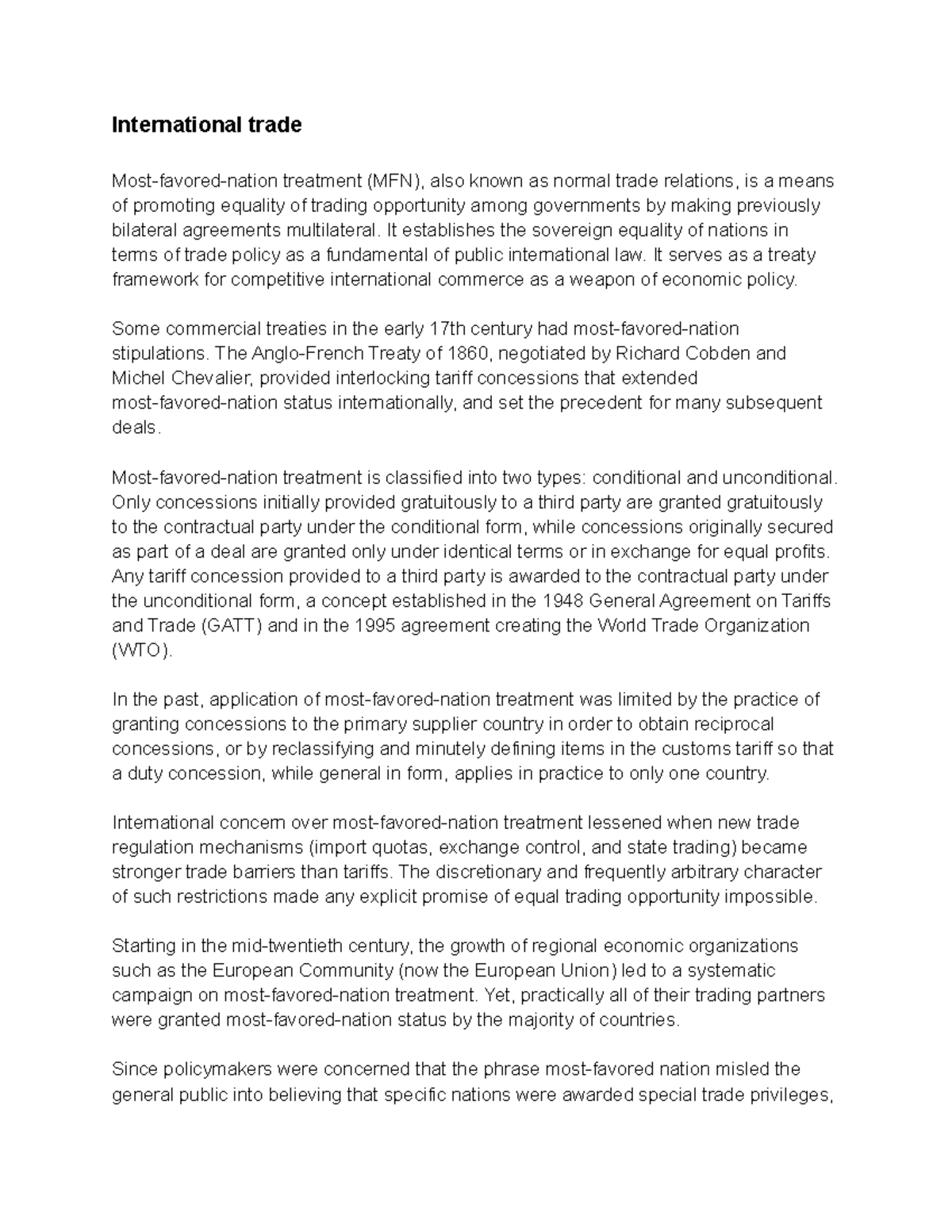 International trade - International trade Most-favored-nation treatment ...