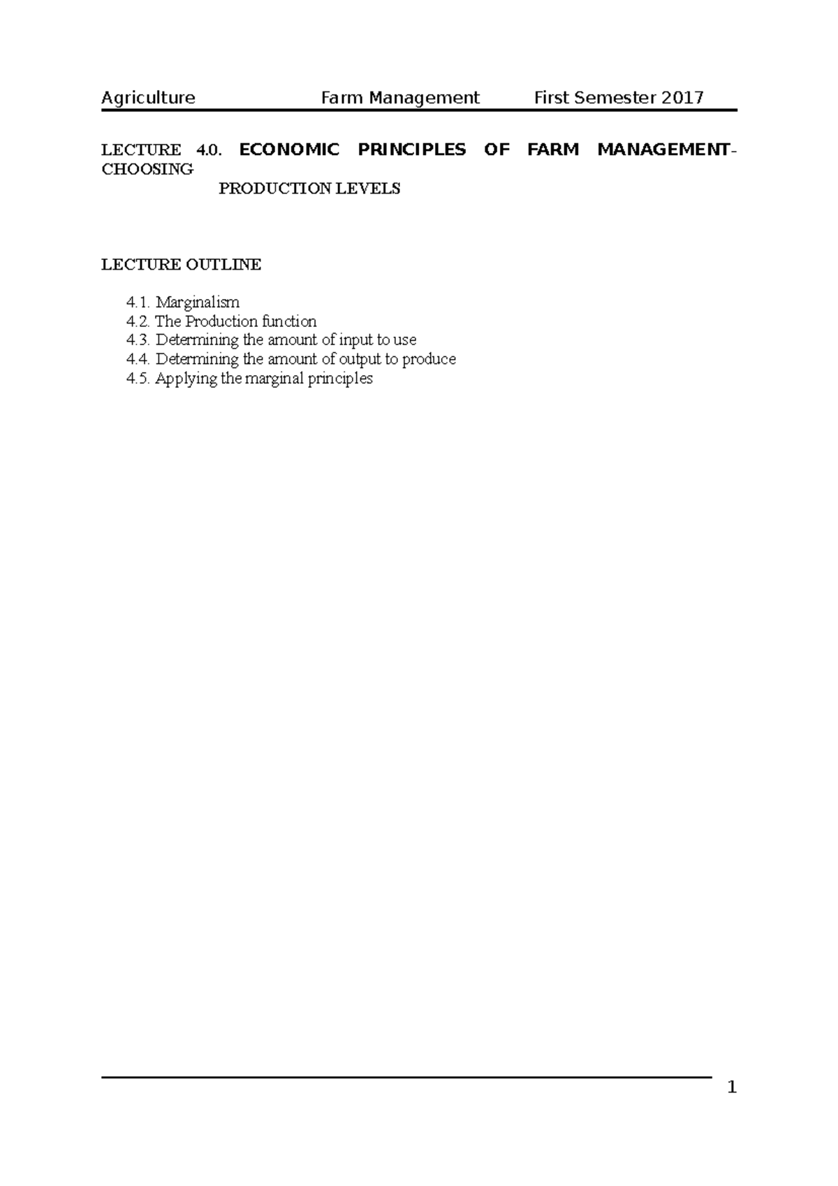 Unit 4.0. Economic principles of farm management - LECTURE 4. ECONOMIC ...