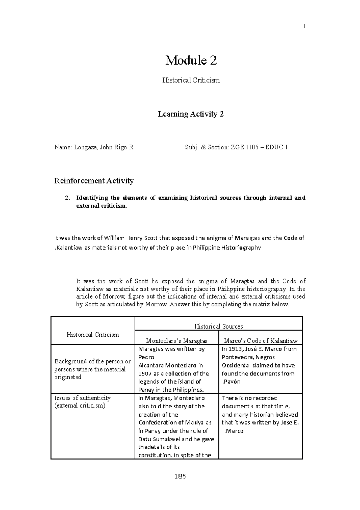 Learning Activity 2 Module 2 Historical Criticism - I Module 2 ...