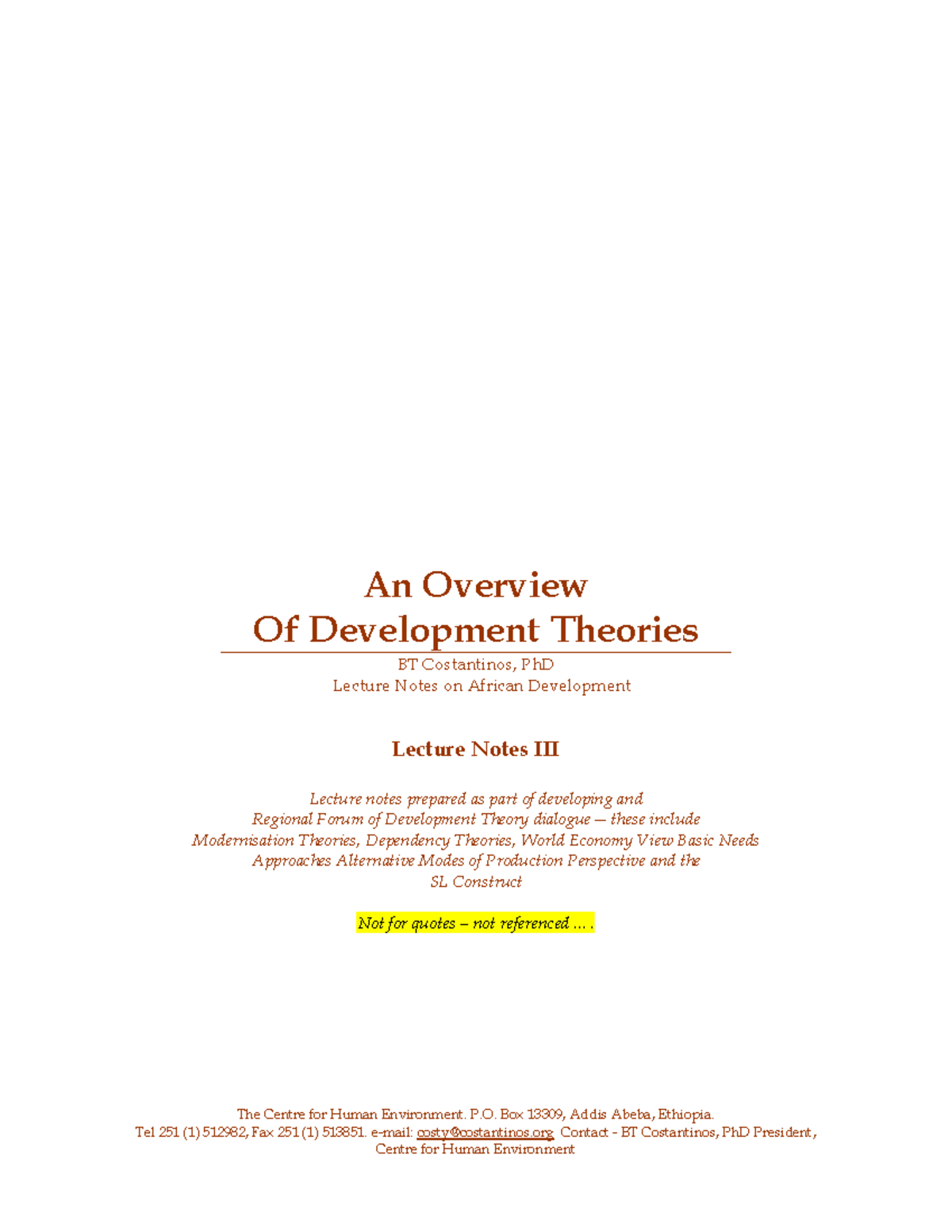 Development theories - Lecture notes - The Centre for Human Environment ...