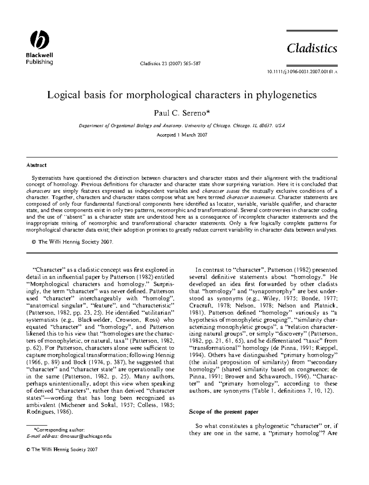Logical basis for morphological characters in phylogenetics Sereno 2007 ...