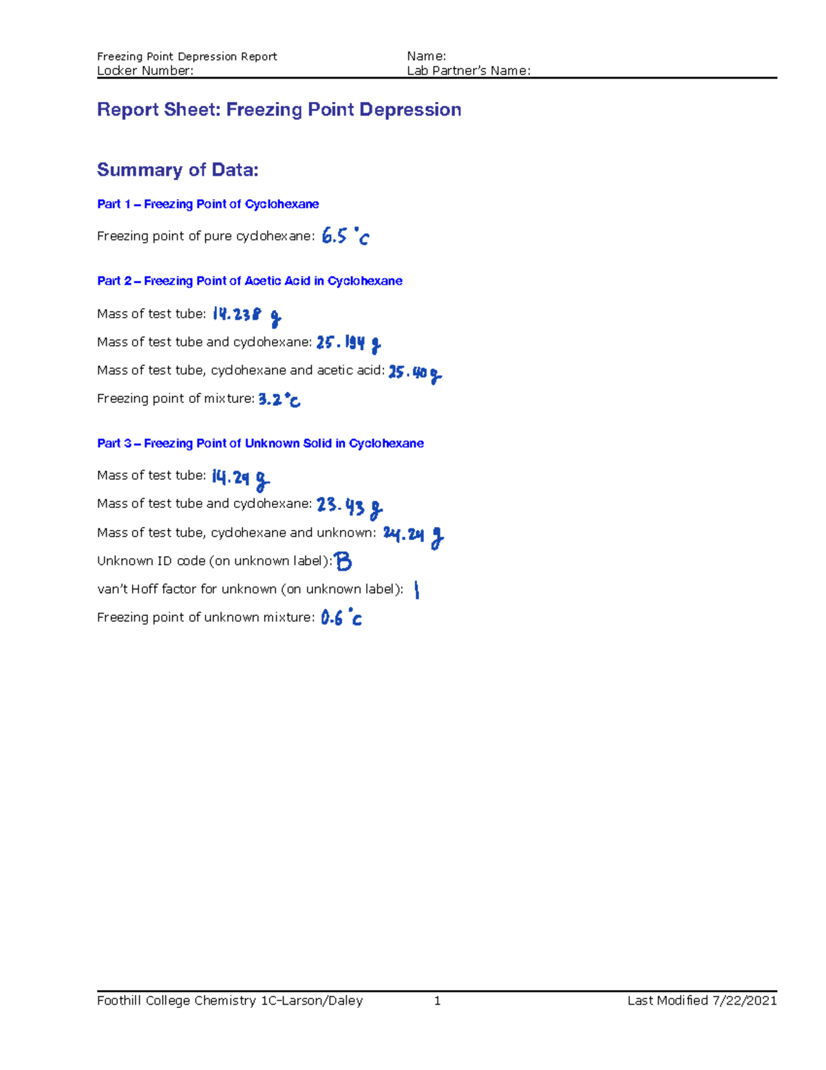 FP Depression Report - Freezing Point Depression Report Name: Locker ...