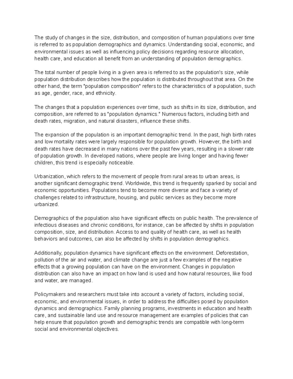 Population Demographics and Dynamics: Understanding Size Distribution ...