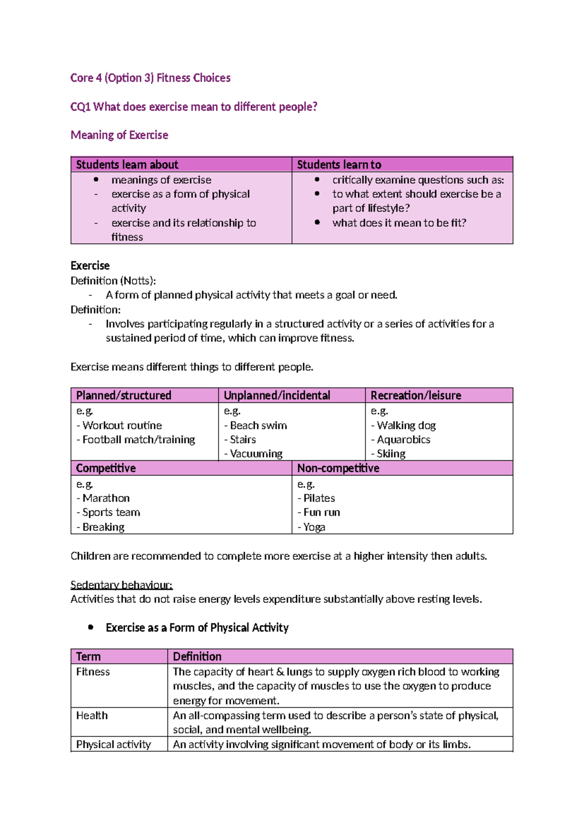 Core 4 - PDHPE option three - Core 4 (Option 3) Fitness Choices CQ1 ...