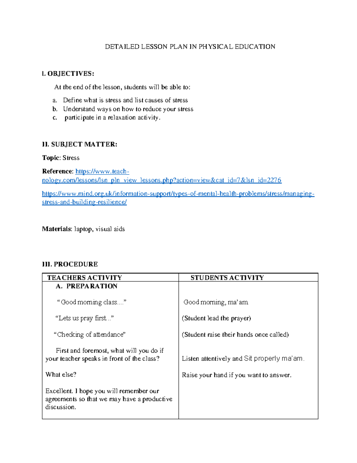 (Health 1) Detailed LP - DETAILED LESSON PLAN IN PHYSICAL EDUCATION l ...