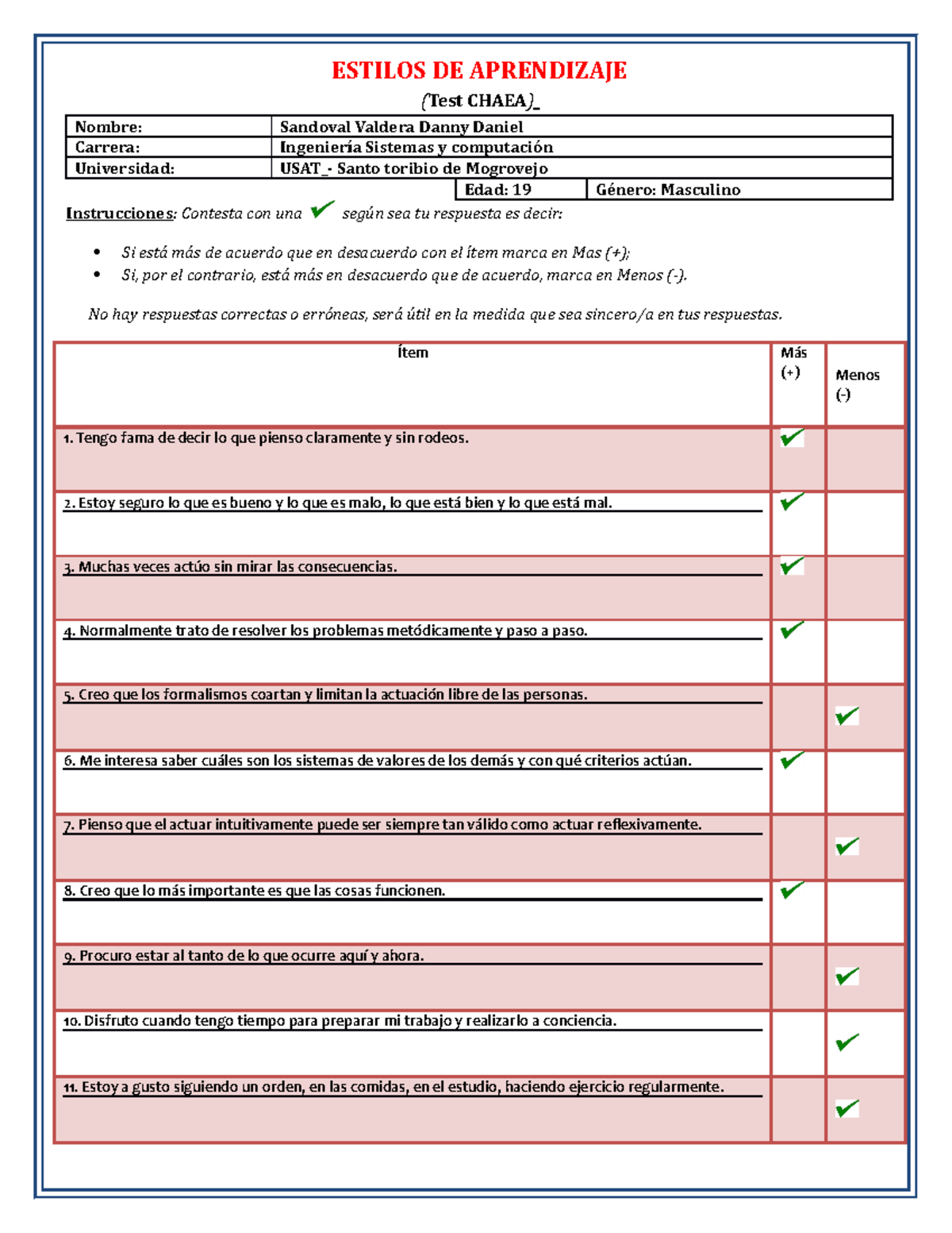 Estilos - ESTILOS DE APRENDIZAJE (Test CHAEA) Nombre: Sandoval Valdera ...
