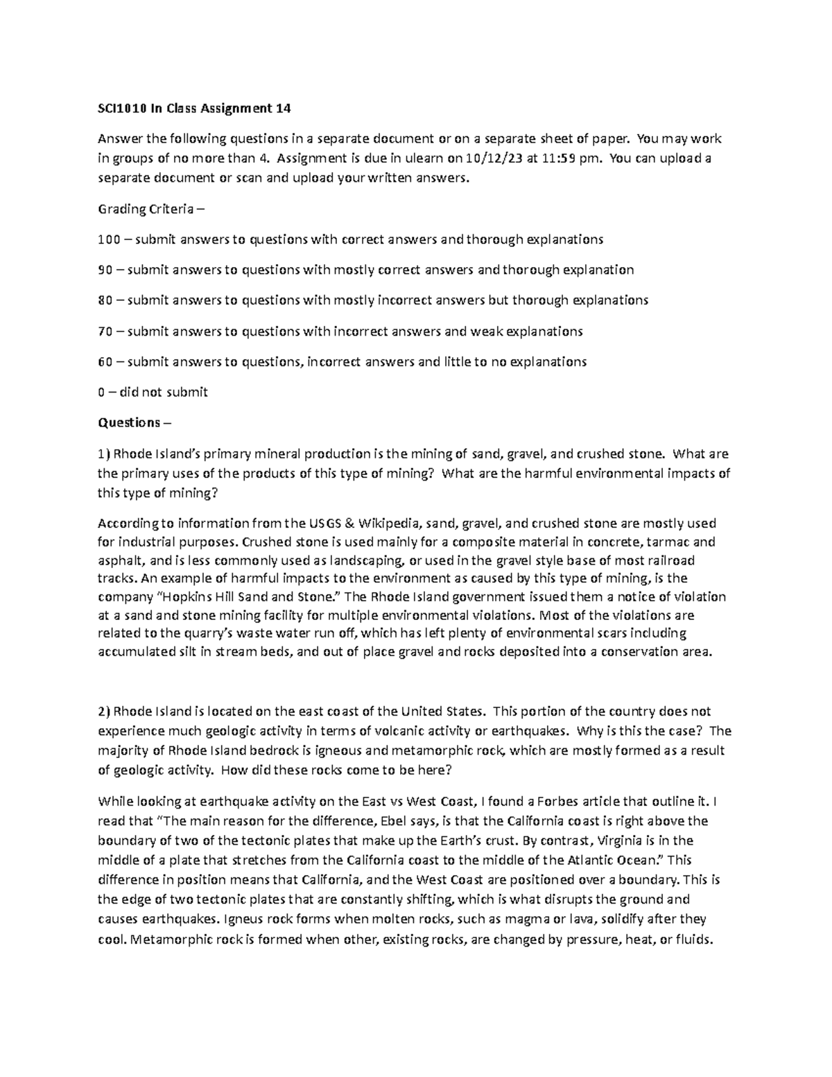 SCI1010 In Class Assignment 14 - You may work in groups of no more than ...