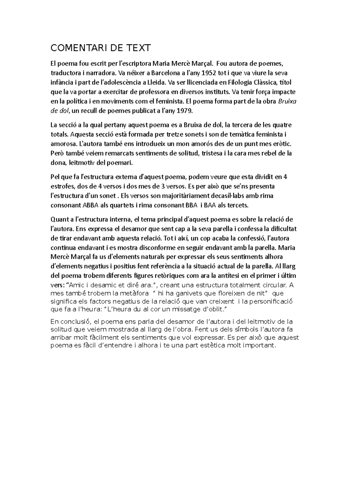 Comentari DE TEXT - Literatura - COMENTARI DE TEXT El poema fou escrit ...