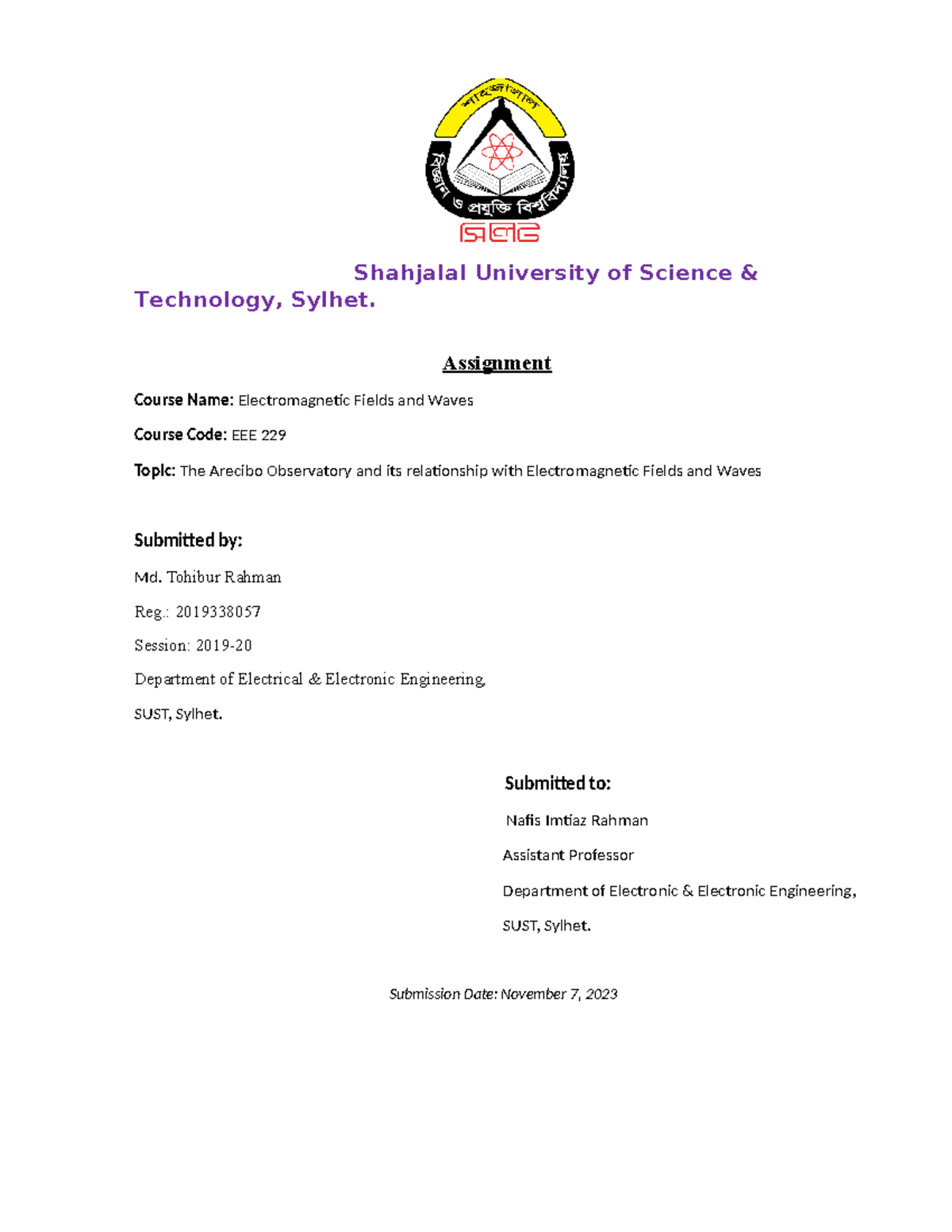 EM Assignment - EME - Shahjalal University of Science & Technology, Sylhet. Assignment Course ...