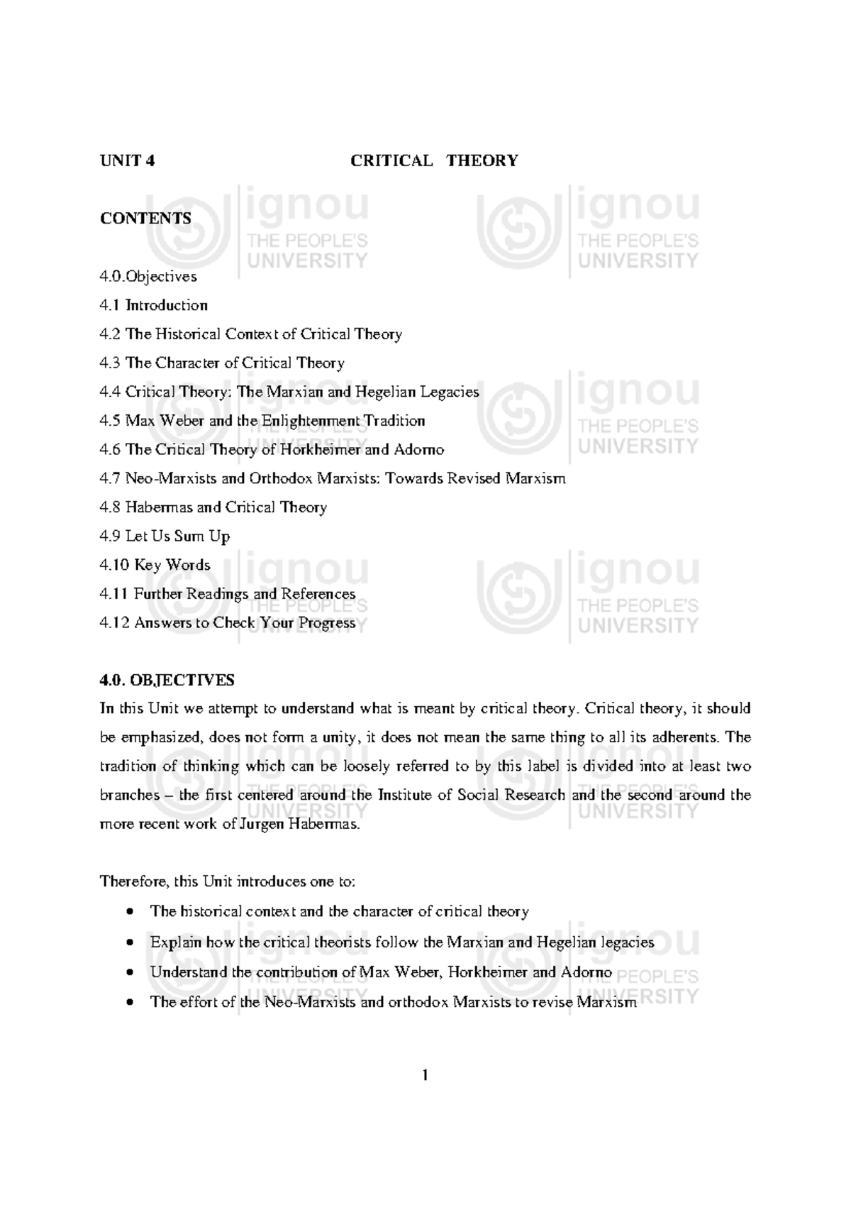 Unit-4 - Sociology - UNIT 4 CRITICAL THEORY CONTENTS 4.0 4 Introduction 4 The Historical Context ...