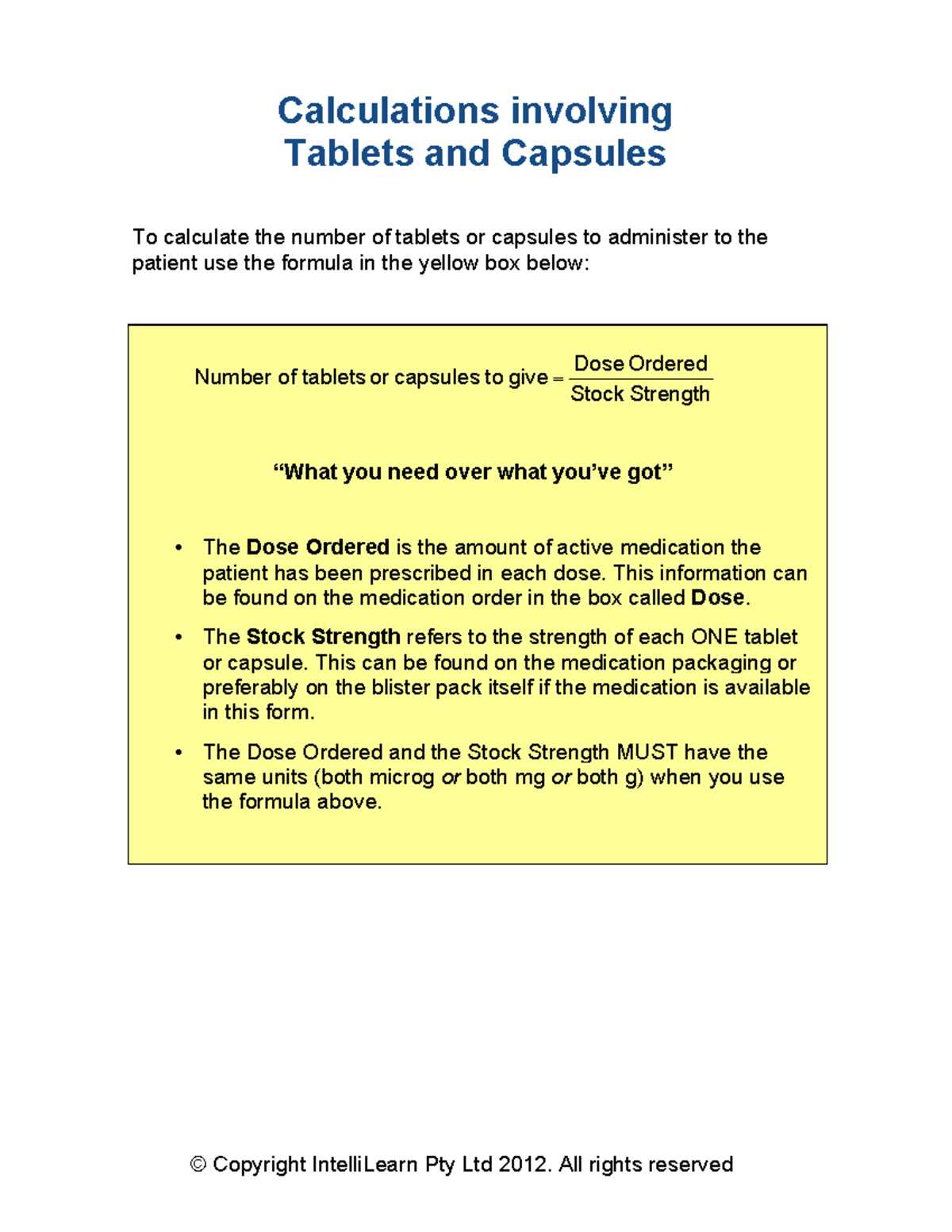 Inteline medication calculation 1 - Calculations involving Tablets and ...