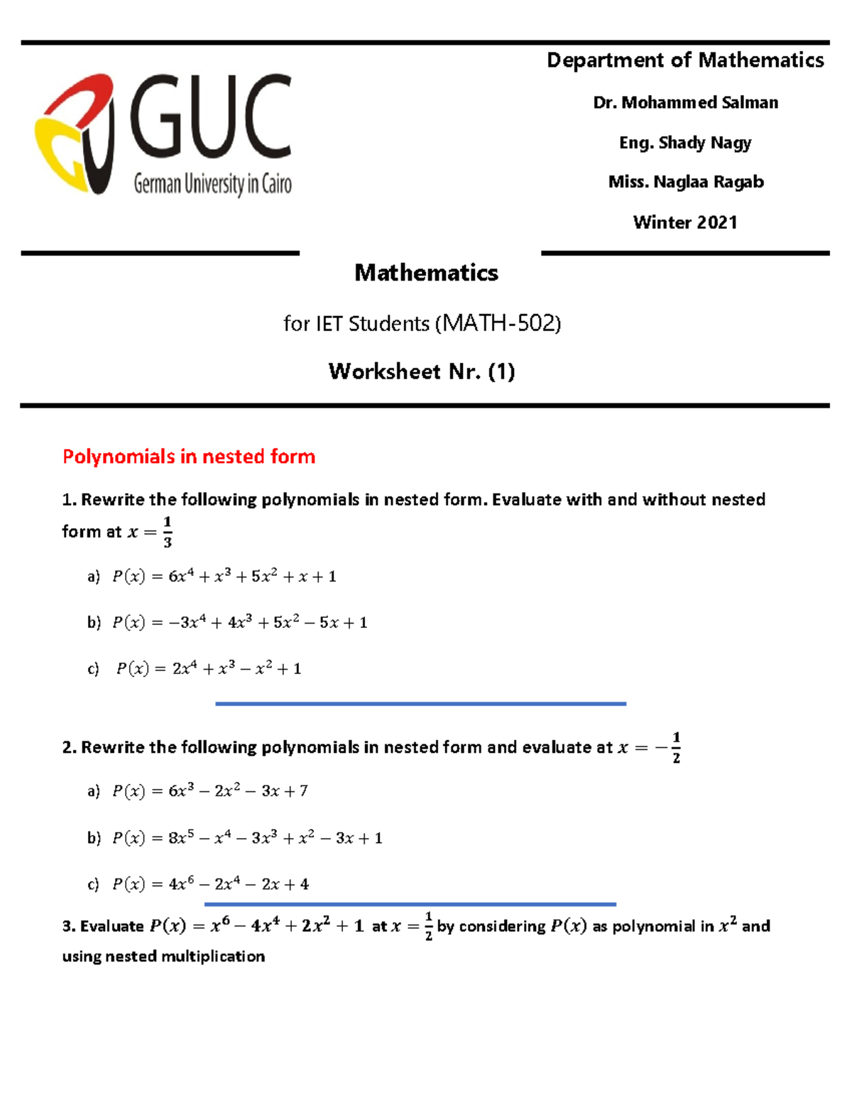 Math 502 Worksheet #1 - Numerical Methods MATH 502.Numerical Methods MATH 502 - Polynomials in ...