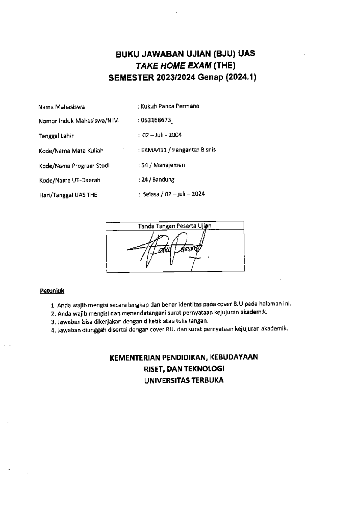 BUKU Jawaban Ujian (BJU) UAS THE- Kukuh Panca Permana - BUKU JAWABAN UJIAN (BJU) UAS TAKE HOME ...
