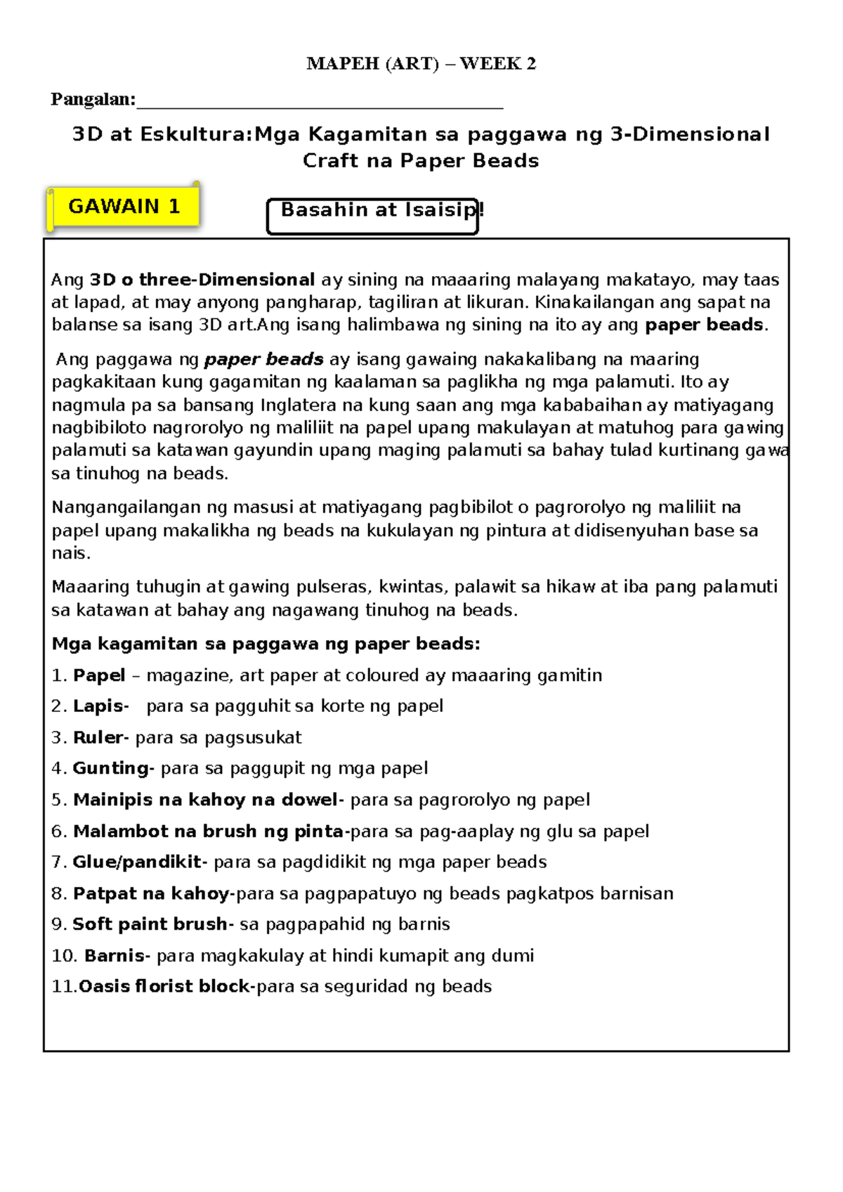 Mapeh - Module - MAPEH (ART) – WEEK 2 Pangalan ...