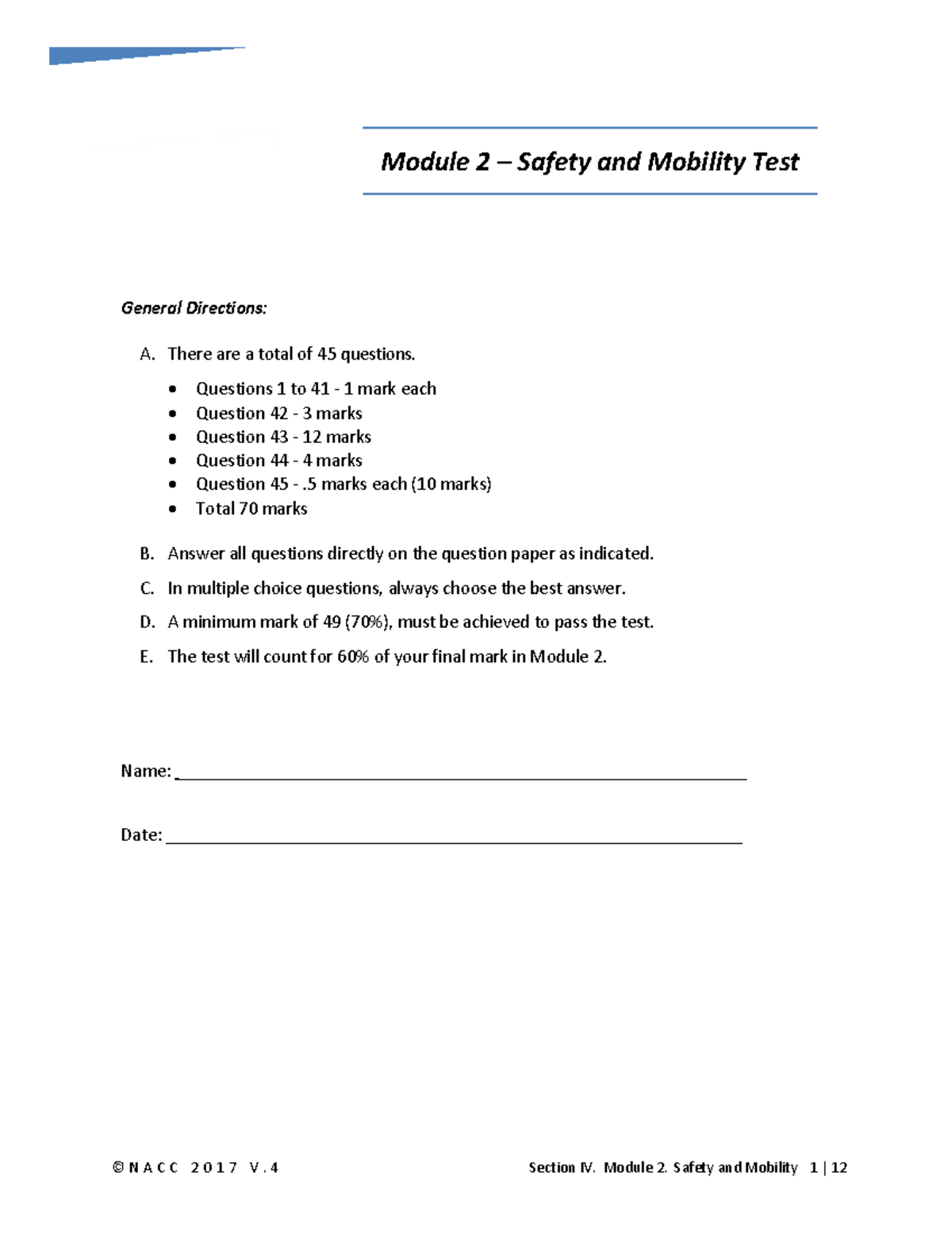 IV 3 Test Module 2 Safety Mobility Form Fill 2 - © N A C C 2 0 1 7 V. 4 ...