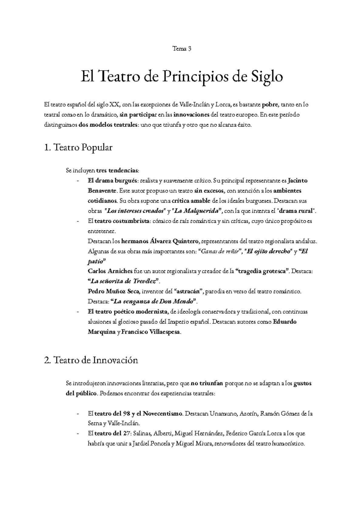 LIT TEMA 3 - Tema 3 El Teatro de Principios de Siglo El teatro español ...
