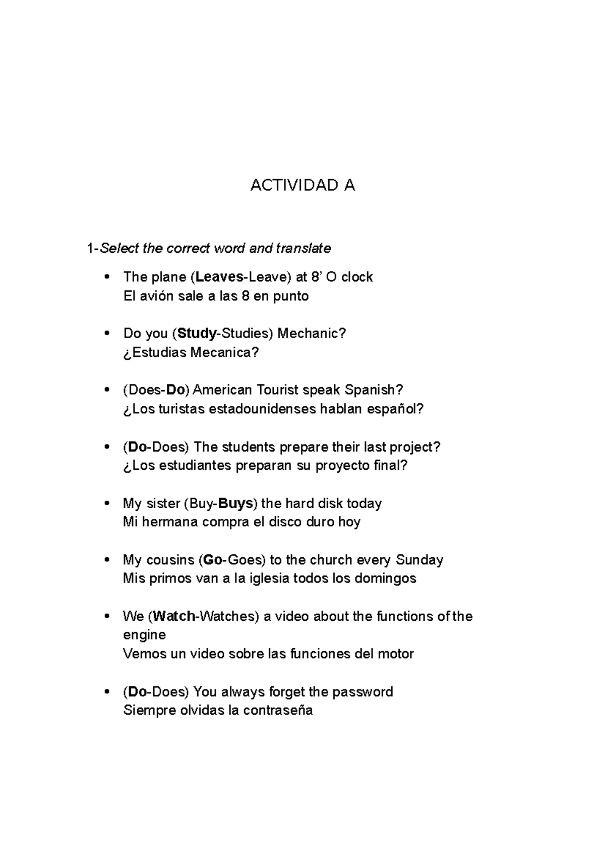 Actividad Ingles - Trabajo - ACTIVIDAD A 1-Select the correct word and ...