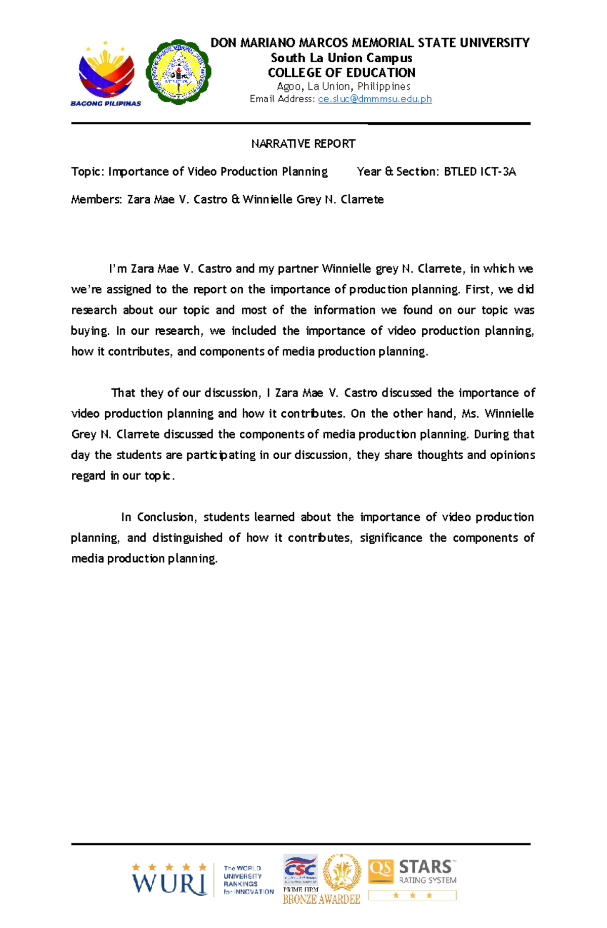 Narrative Report - ZARA AND Winnielle - DON MARIANO MARCOS MEMORIAL ...