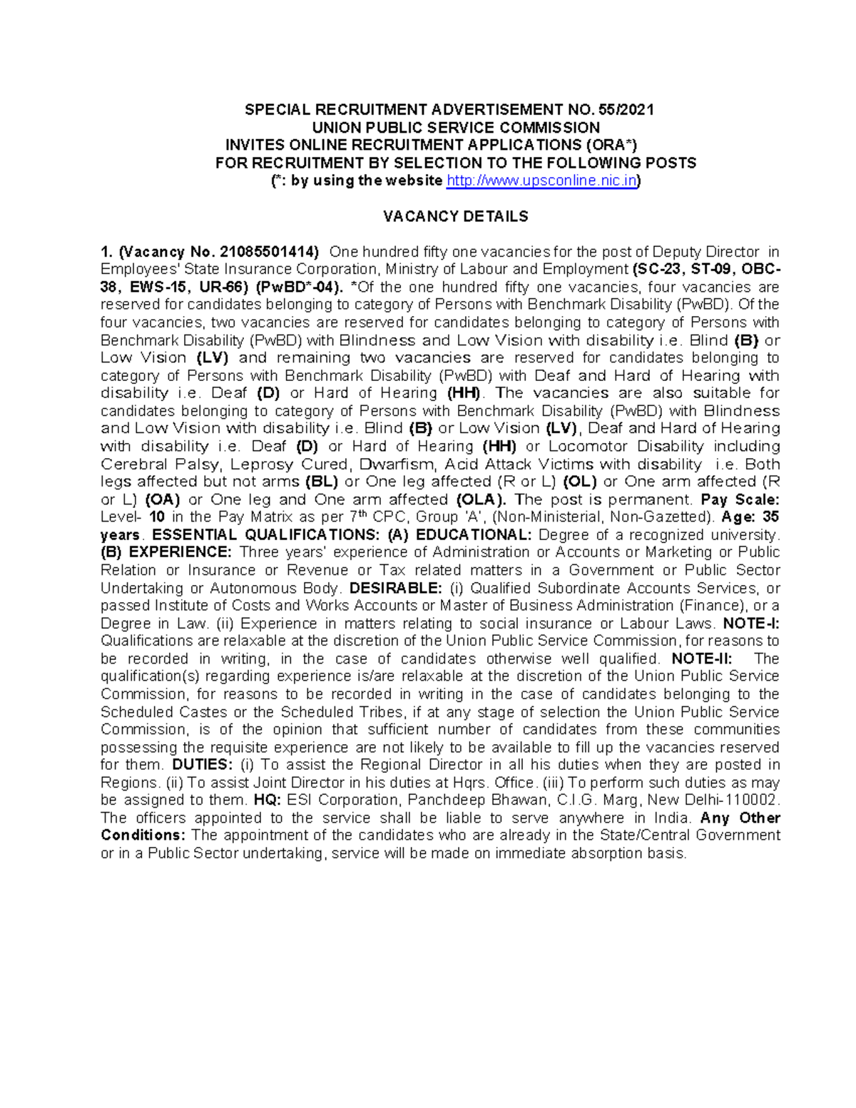 Advt No Spcl 55 2021 engl - SPECIAL RECRUITMENT ADVERTISEMENT NO. 55 ...