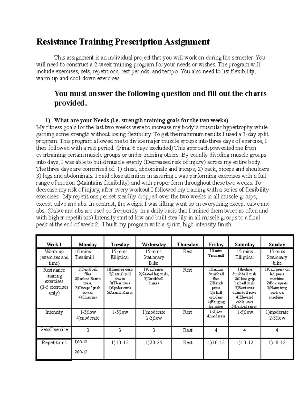 Resistance Program - Resistance Training Prescription Assignment This ...