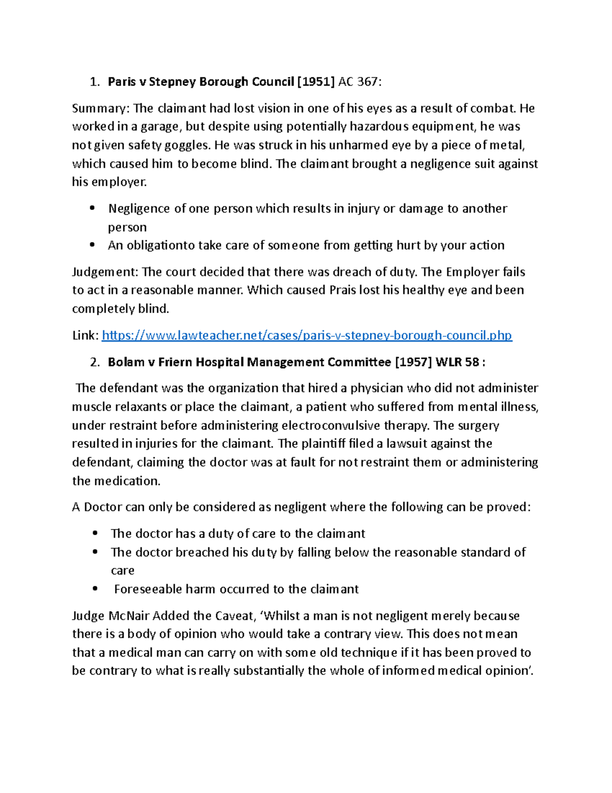 Tort JAF - Paris v Stepney Borough Council [1951] AC 367: Summary: The ...