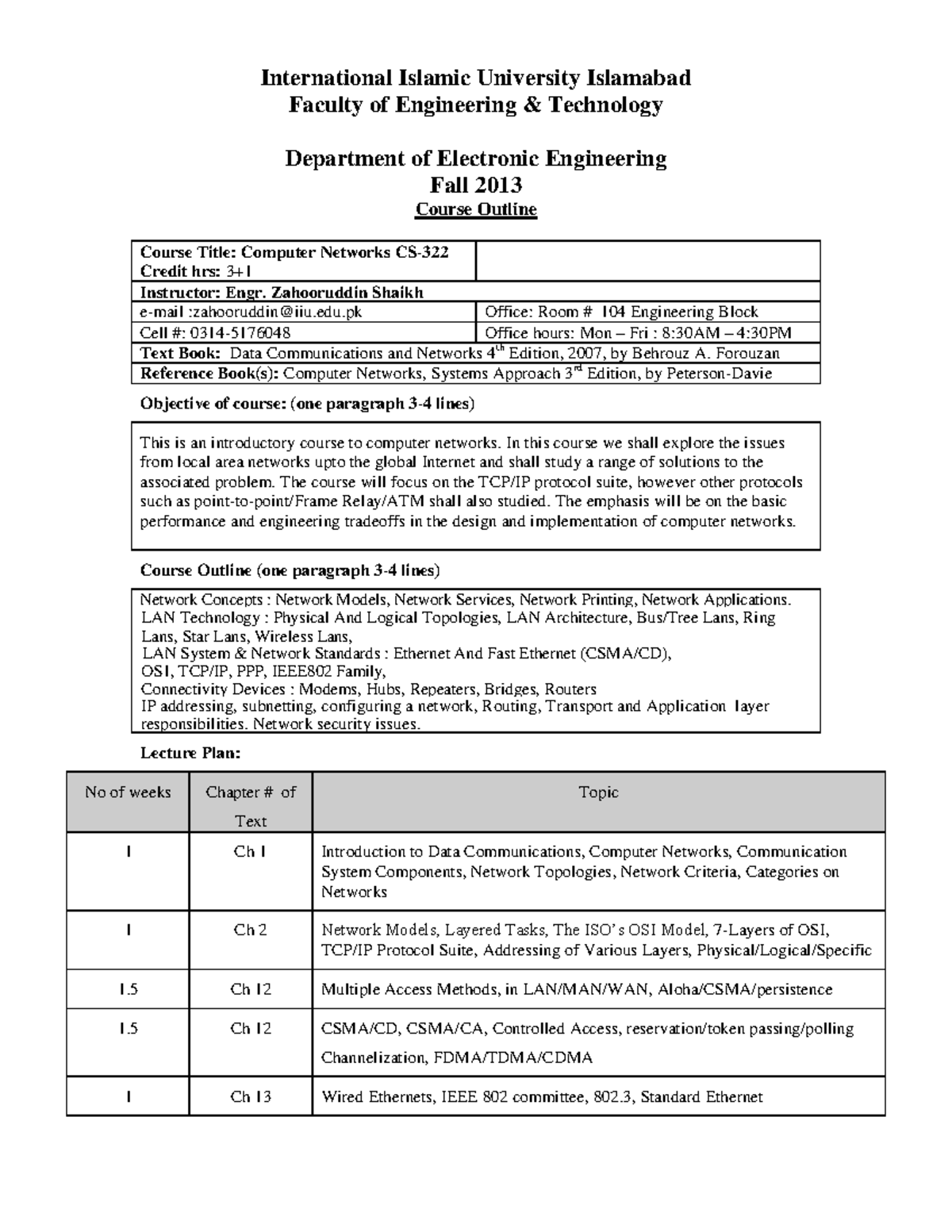 Computer Networks CS322 Course Outline Fall2013 - International Islamic ...