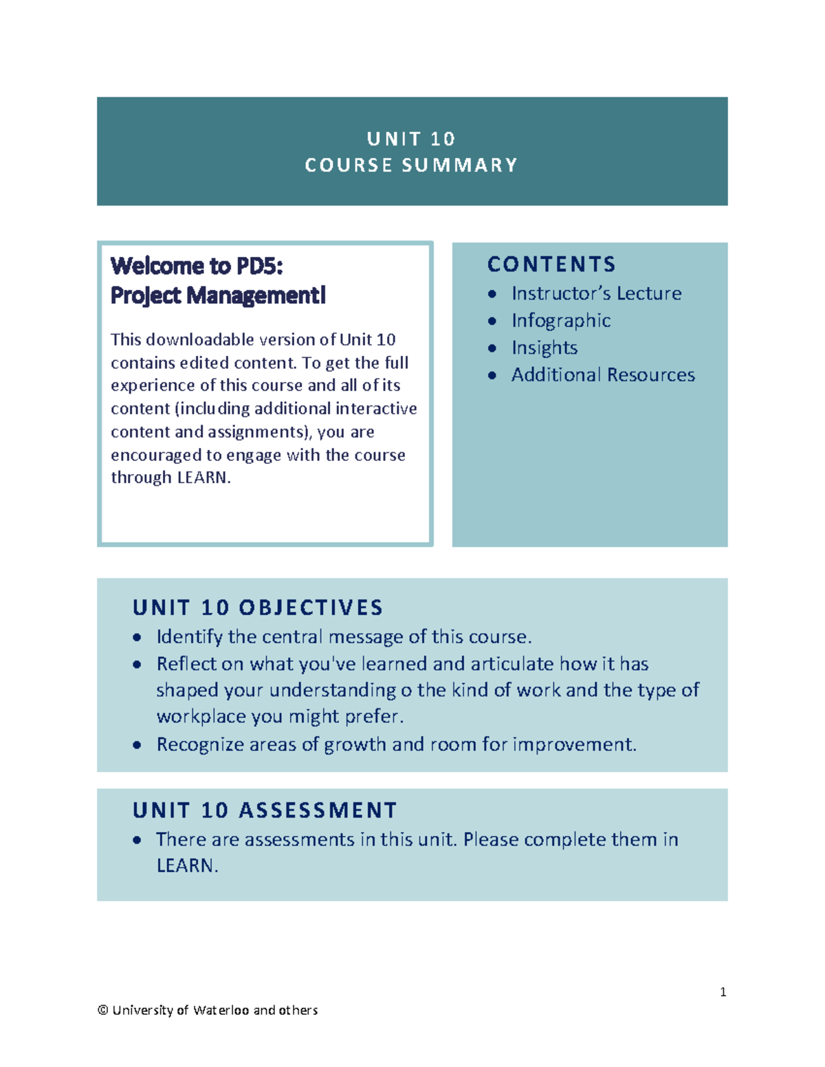 Course notes pd5 unit 10 - 1 U N I T 1 0 C O U R S E S U M M A R Y This ...