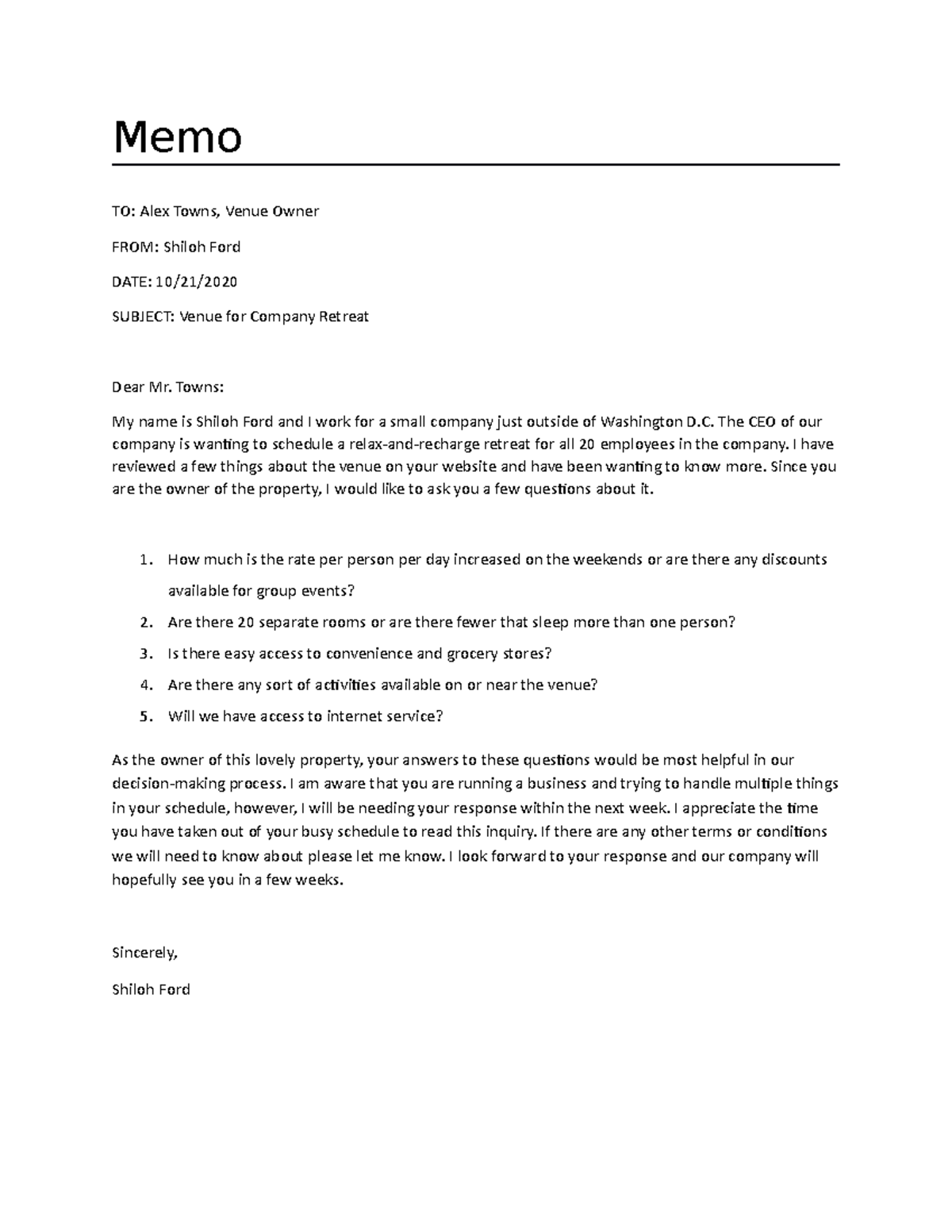Routine Inquiry Assignment - Memo TO: Alex Towns, Venue Owner FROM ...