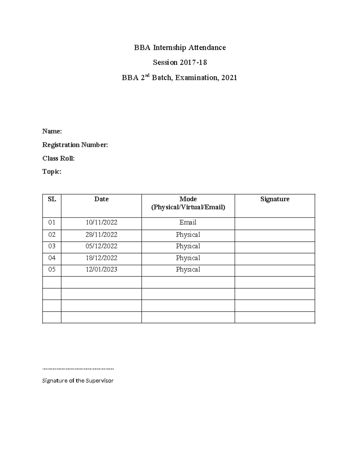 BBA Internship Attendance - Leadership - BBA Internship Attendance ...
