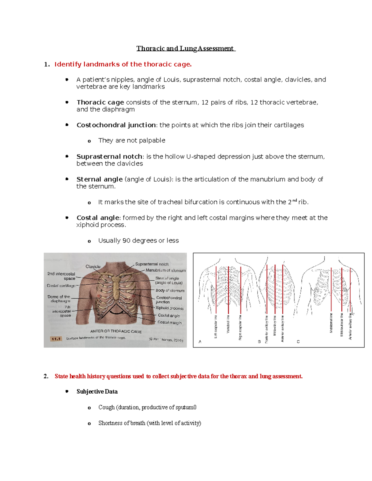 Thoracic and Lung Assessment - Identify landmarks of the thoracic cage ...