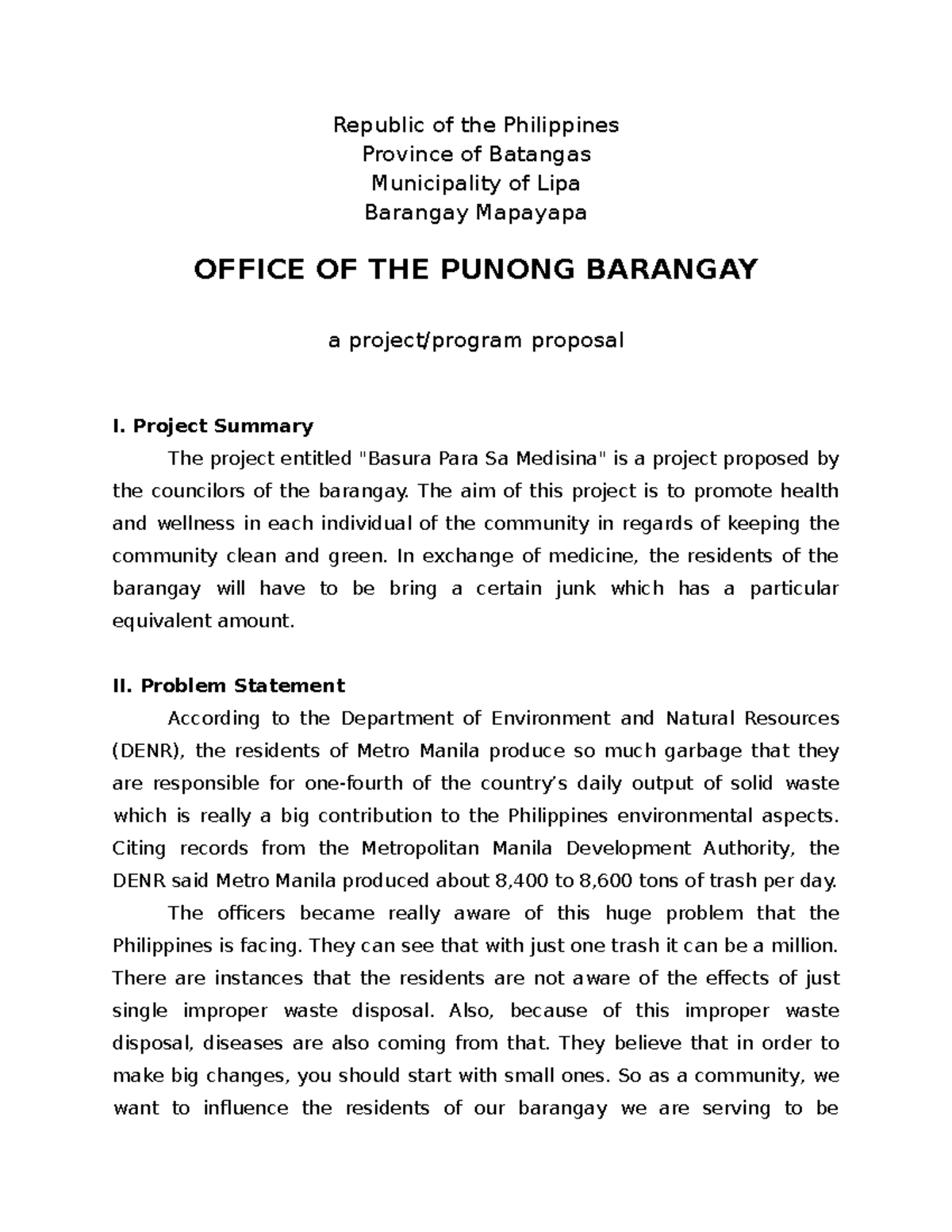 Project- Proposal - Republic of the Philippines Province of Batangas ...