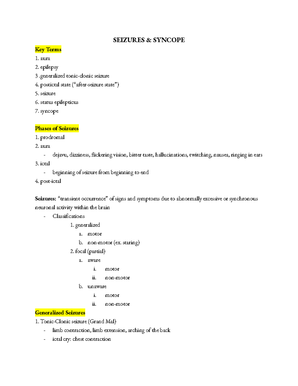 Week 13 notes - SEIZURES & SYNCOPE Key Terms aura epilepsy 3 ...