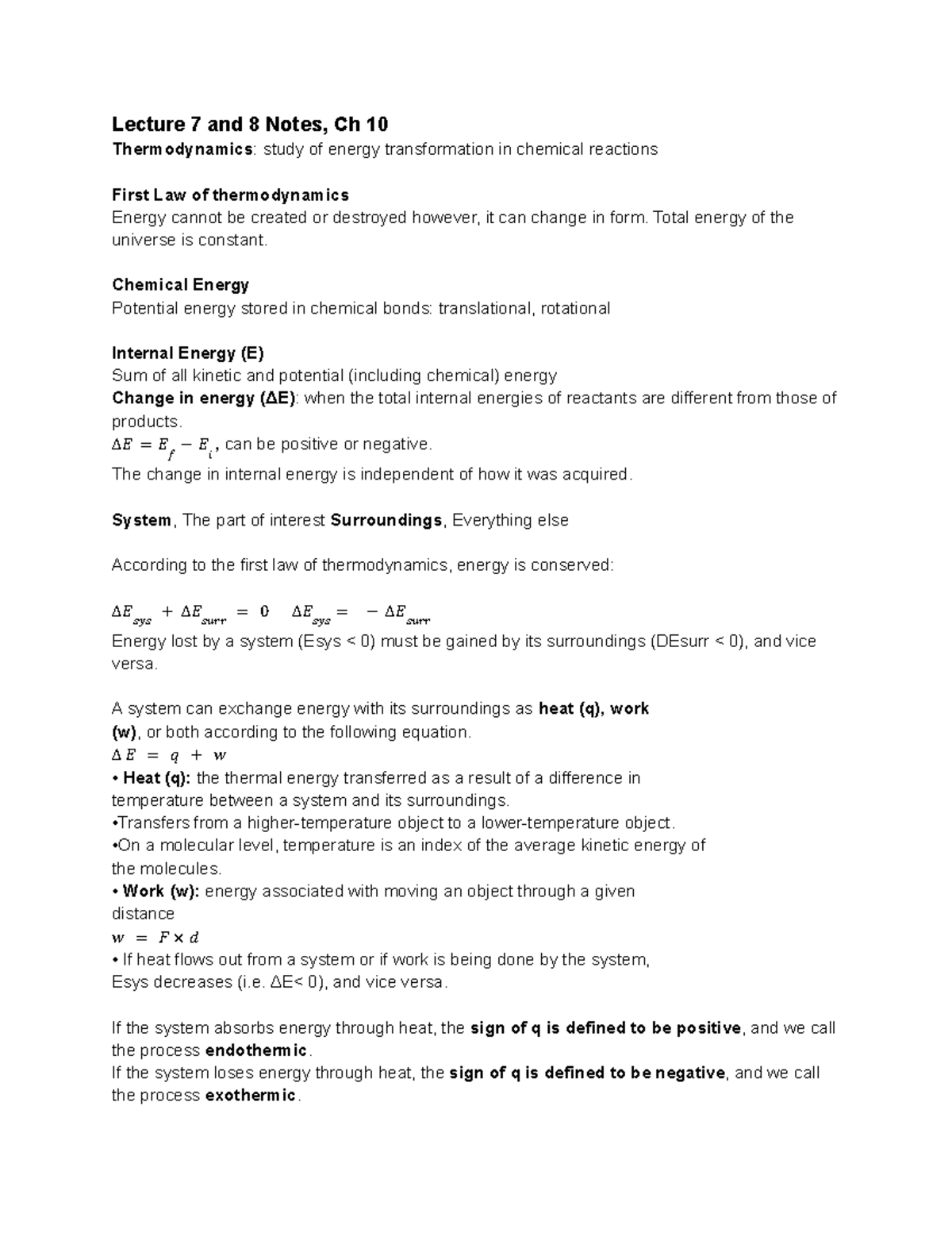 CHEM Notes - Lecture 7 and 8 Notes, Ch 10 Thermodynamics: study of ...