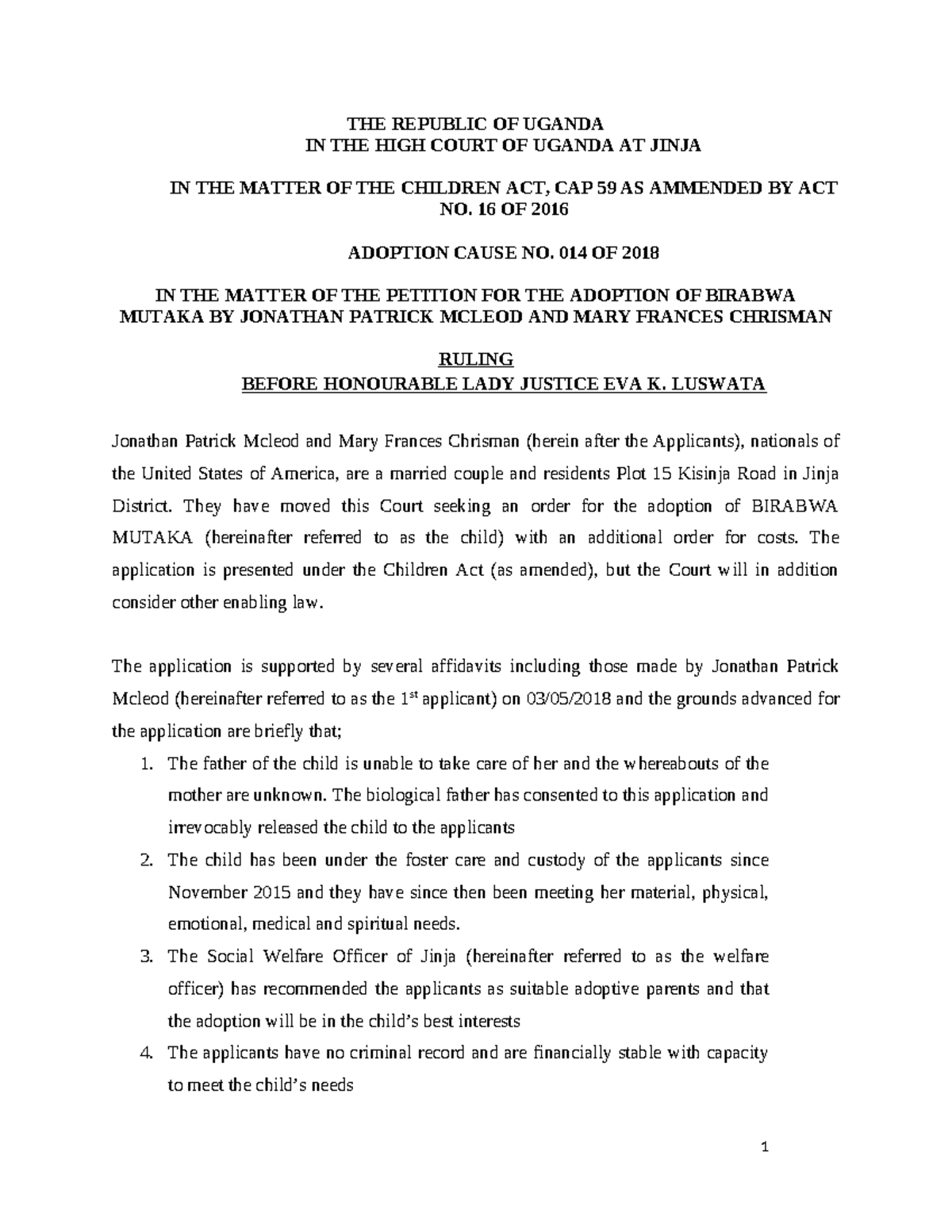 In Re Birabwa Mutaka (Adoption Cause No 14 of 2018 ) 2019 Ughcfd 2 (21 ...