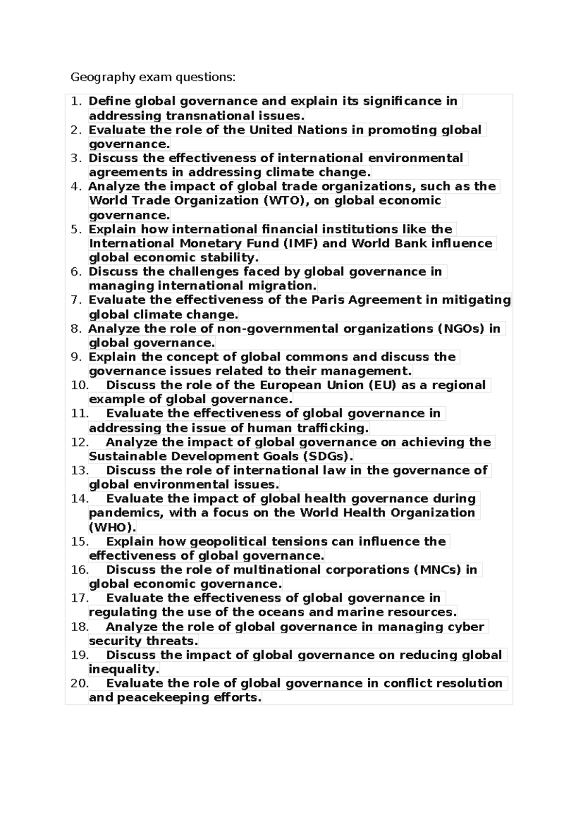 Geography exam questions - Geography exam questions: Define global ...